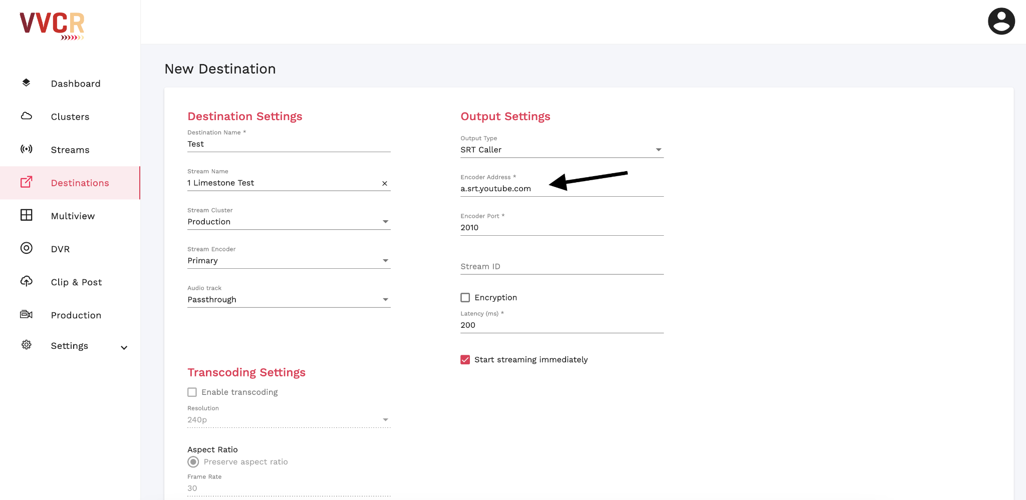Streaming SRT to YouTube – VVCR